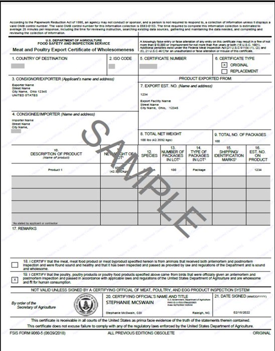 NEW FEATURES ON HEALTH CERTIFICATE FROM USA FOR IMPORTED MEAT INCLUDING ...